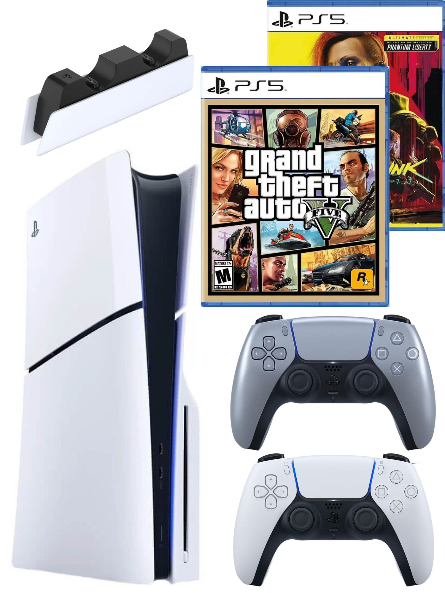 Игровая приставка Sony PS 5 Slim, 1ТБ(с дисководом)+2 геймпад+Зарядная станция+2 игры (GTA5 , Cyberpunk 2077)