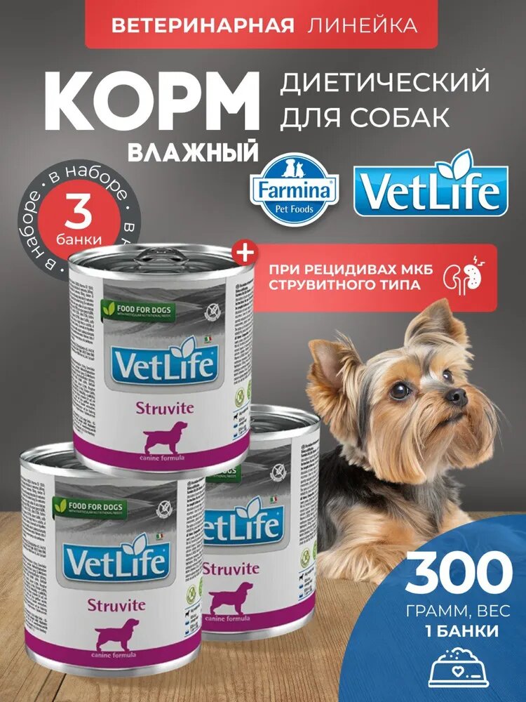 VET LIFE DOG LINE Комплект 3 шт. Вет Лайф для собак Струвит 300 г