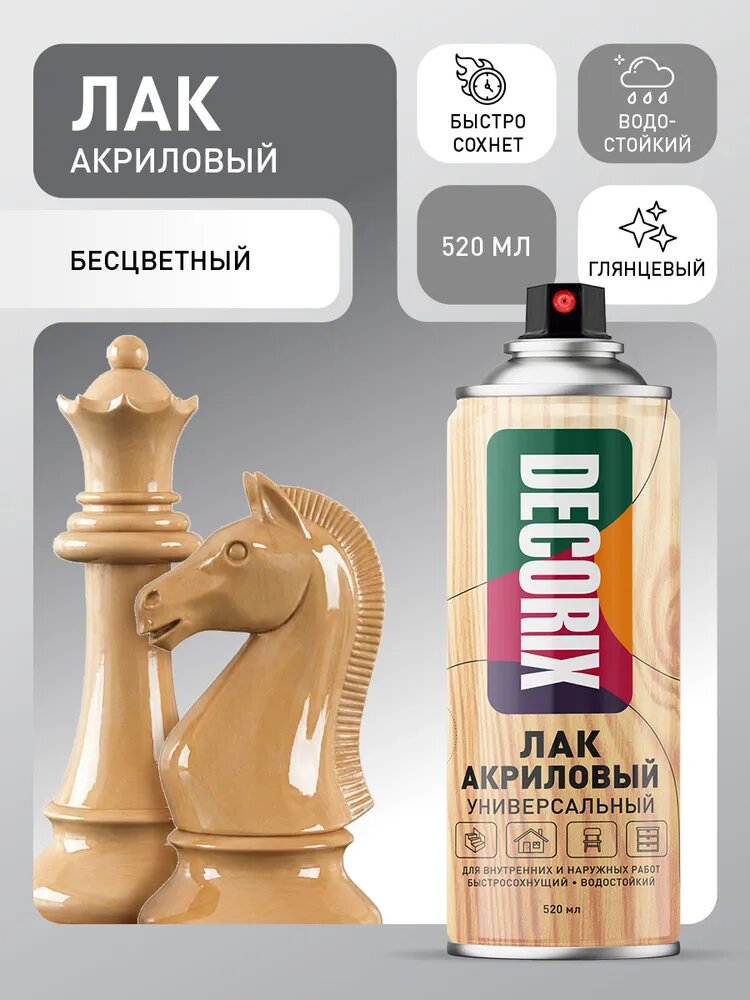 Лак акриловый глянцевый аэрозольный DECORIX в баллончике 520 мл прозрачный бесцветный для любых поверхностей
