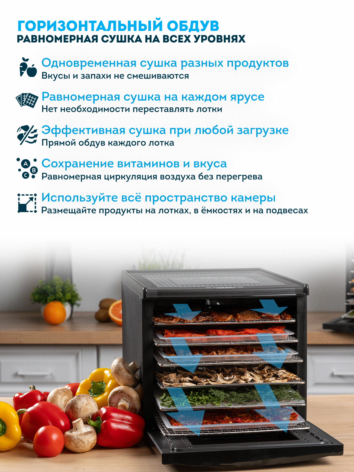 Cушилка для фруктов и овощей RAWMID Classic RCD-06 / Дегидратор для овощей и фруктов и мяса, богатый комплект, черный — фото 1