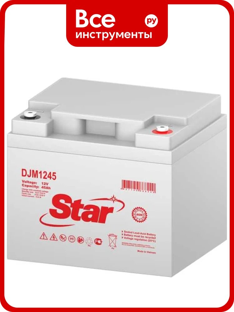 Аккумулятор для ИБП Star DJM1245, 12В, 45Ач, AGM-технология, болтовые клеммы М6, резервное питание для надежной работы