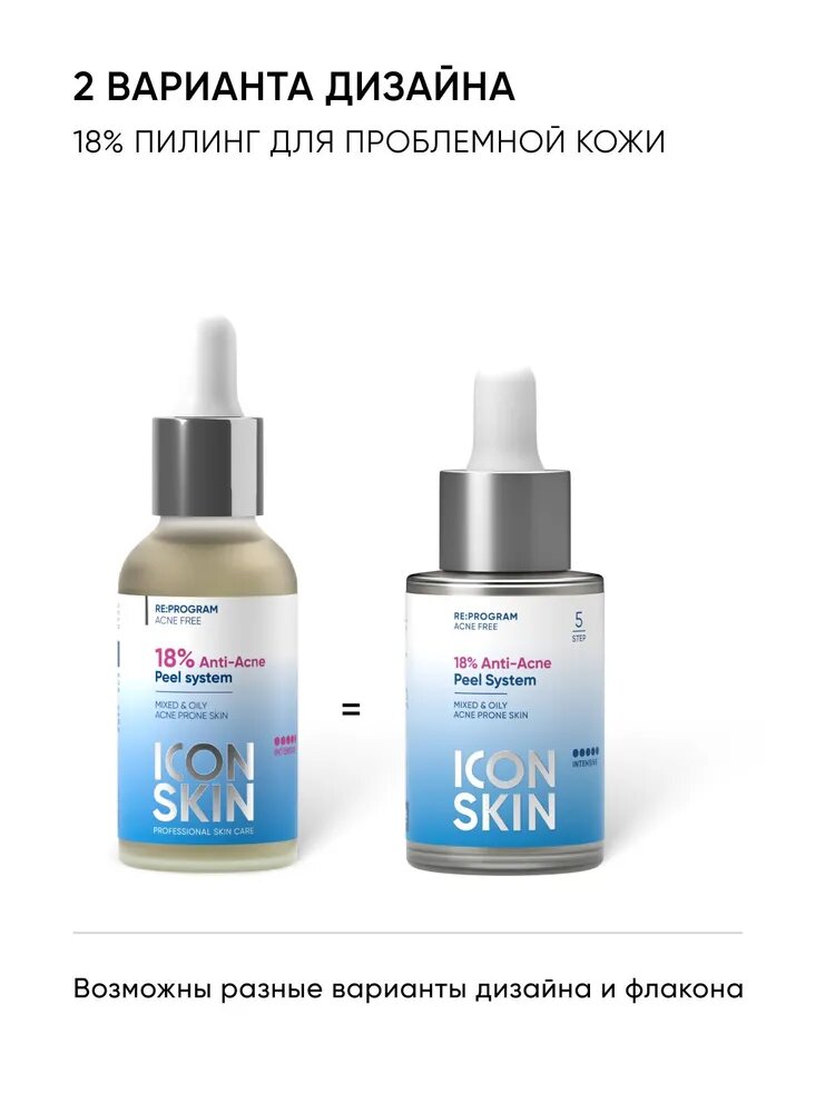 ICON SKIN Пилинг для лица 18% кислотный всесезонный интенсивный от воспалений, для проблемной жирной кожи, от прыщей акне и черных точек, AHA кислоты, пантенол, 30 мл