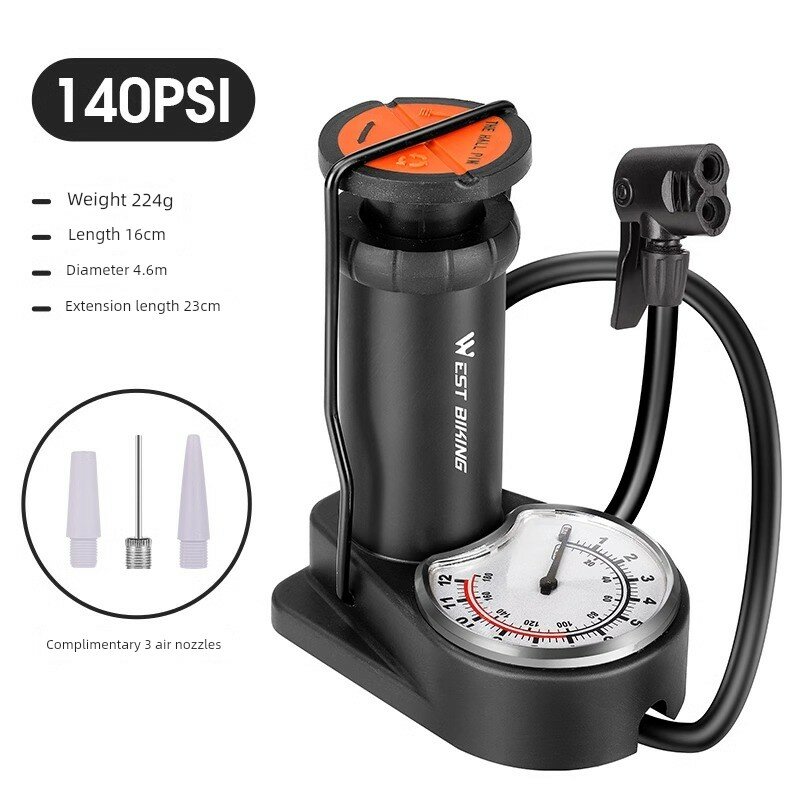 Черный алюминиевый насос с манометром, 140 PSI, с иглой для мяча, высокопроизводительный для велосипедов
