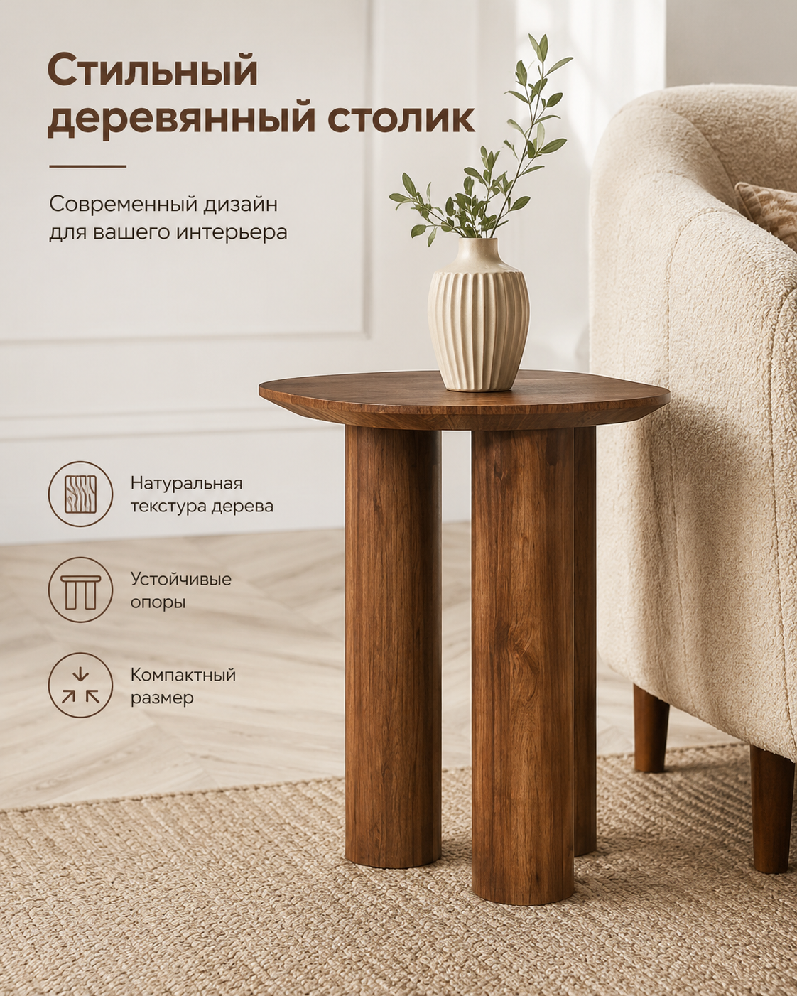 Журнальный столик прикроватный кофейный круглый приставной деревянный