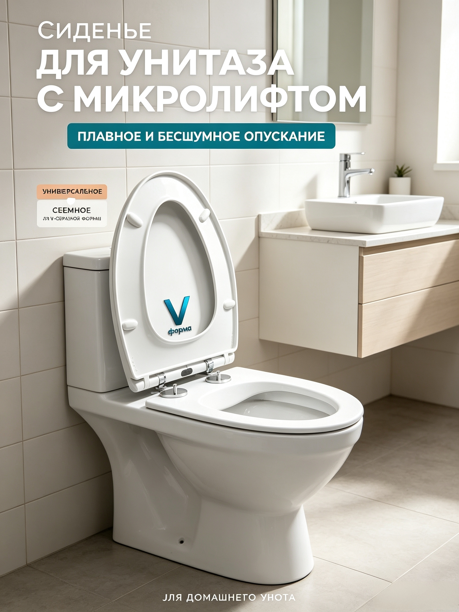 Сиденье для унитаза, с крышкой, микролифт, быстросъемный, V-образное