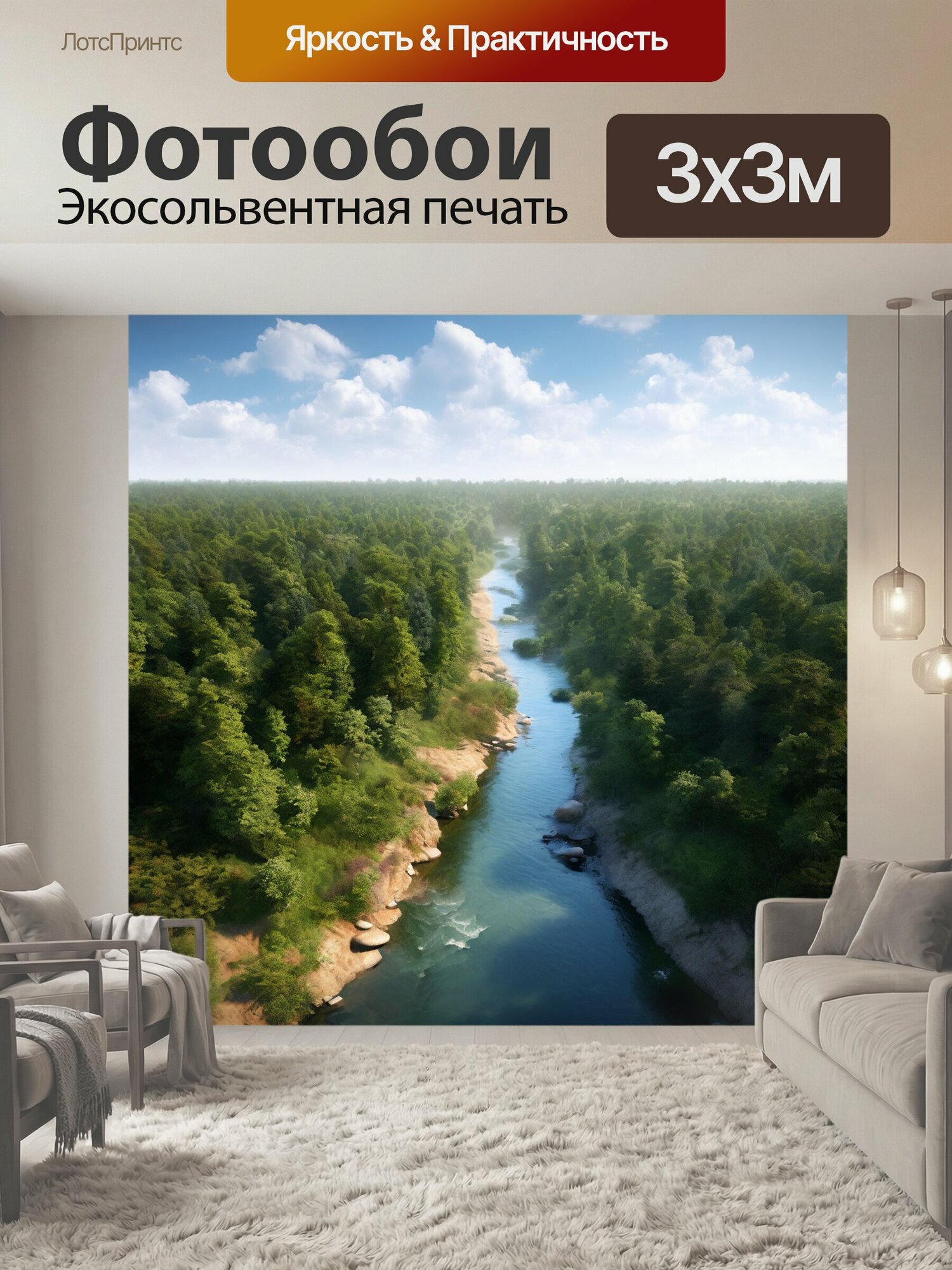 Фотообои "Извилистая река, среди лесов, высота птиц облачное небо природа" 300x300 см. экосольвентная печать