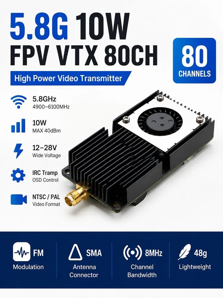 FK Видеопередатчик FP.V 5.8GHz 10W 80CH для дальних полётов IRC Tramp SMA