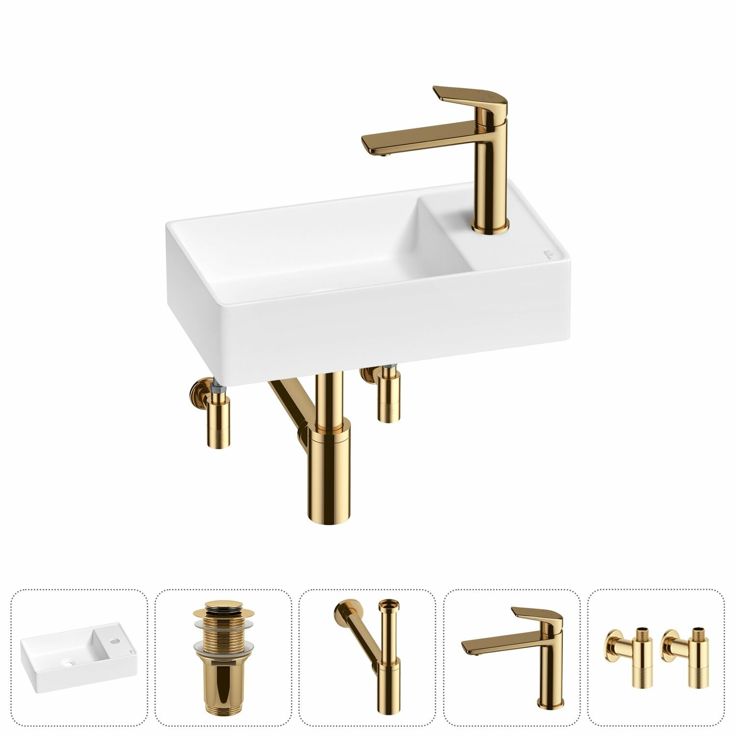 Маленькая раковина в туалет Wellsee WC Area 20213640R в наборе 5 в 1: узкая мини-раковина 41 см (матовый белый), донный клапан, сифон, смеситель, вентили (цвет набора золото)