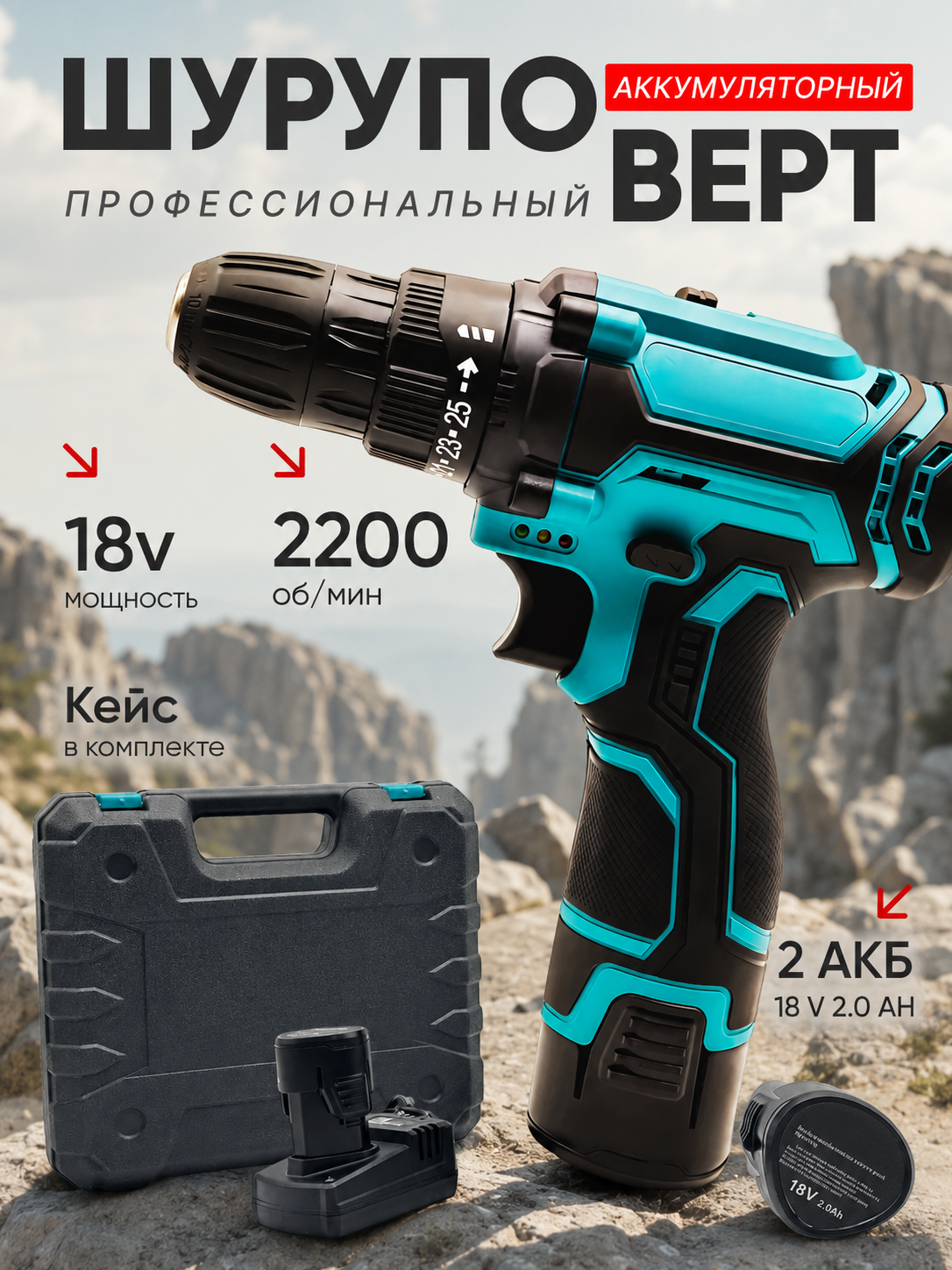 Бесщеточный аккумуляторный шуруповерт 2 АКБ темно-синий ударный