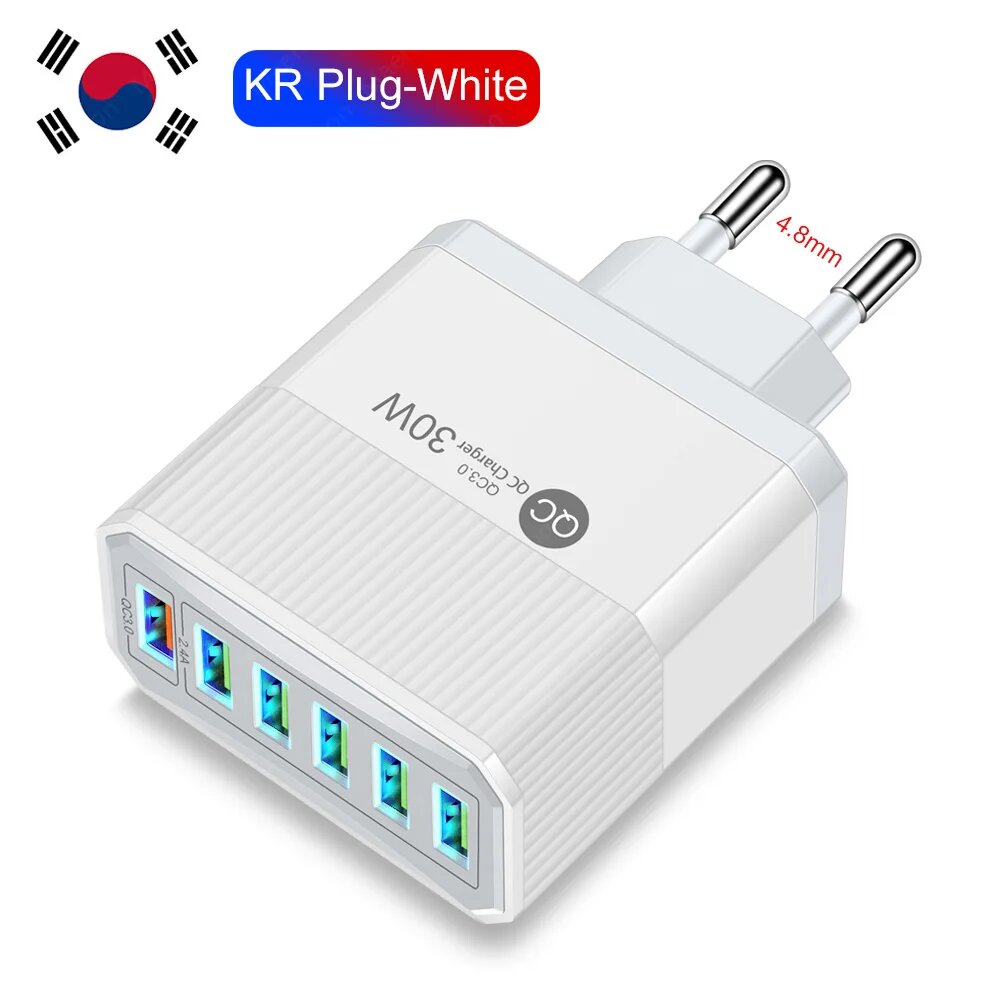 Зарядное устройство с 6 USB-портами и поддержкой быстрой зарядки, 30 Вт Белый, White KR