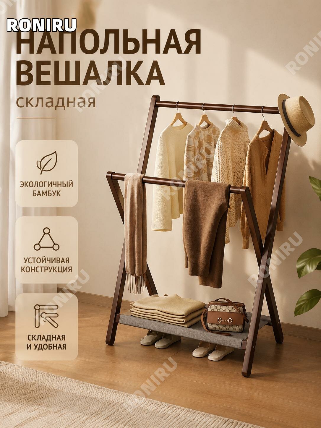 Напольная складная вешалка для одежды из бамбука, ореховый цвет,50 х44 х90 см
