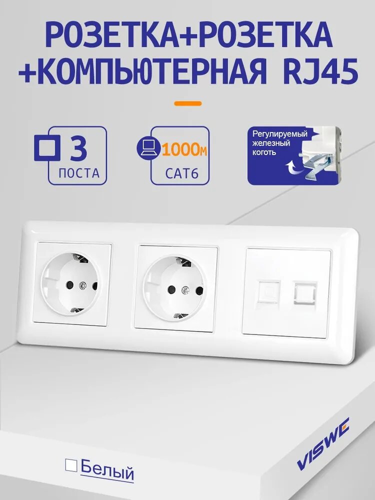 Розетка с rj45,3 Порта, Пластиковая рама,224*82 мм, цвет Белый