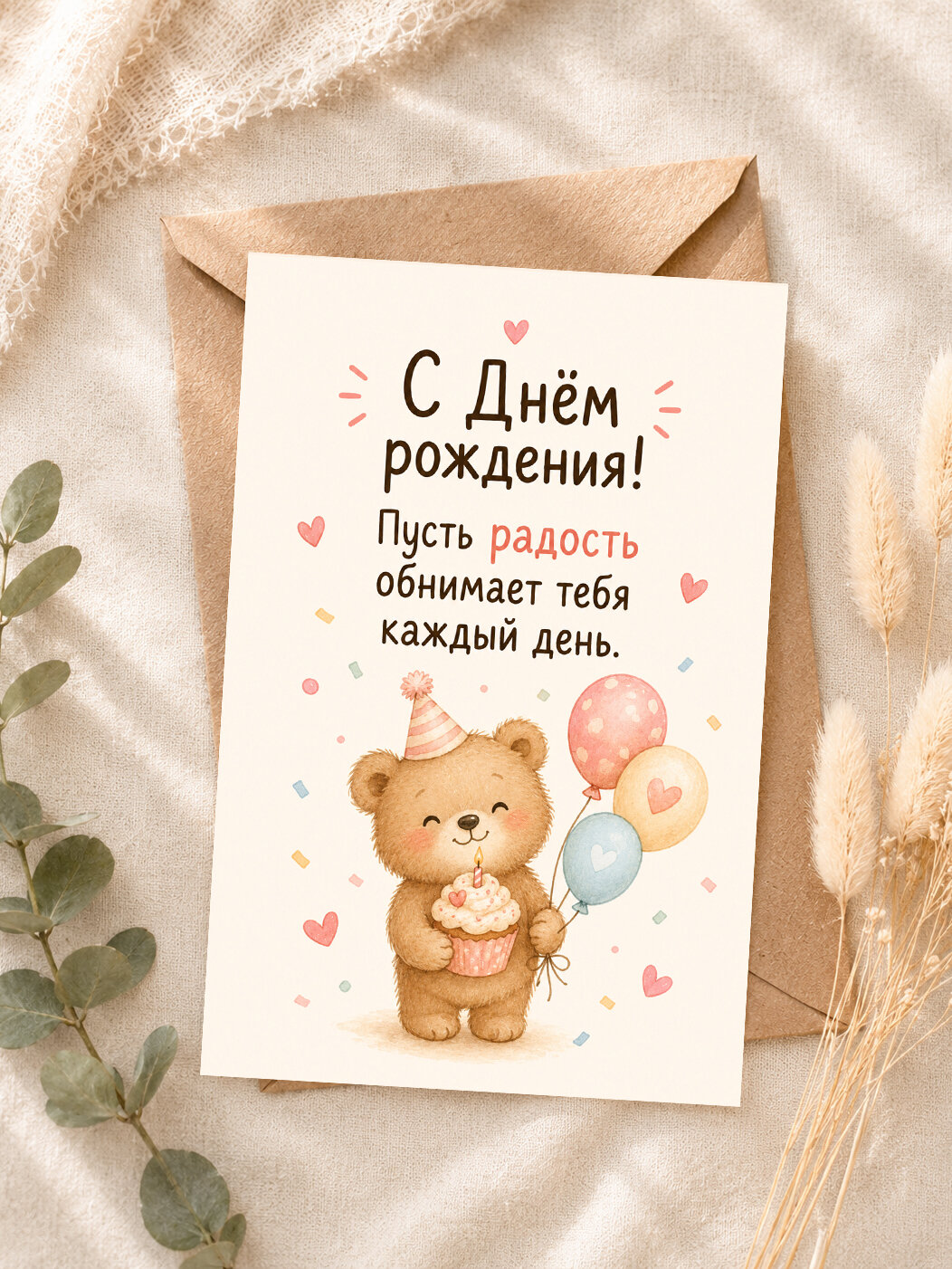 Открытка "С Днём рождения", поздравительная с мишкой, кексом и шарами, конверт, 10х15