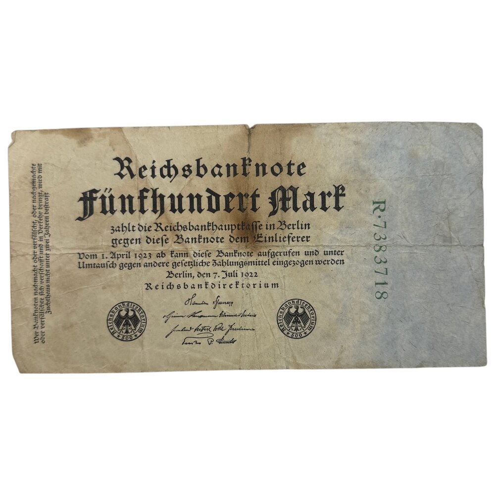 Веймарская республика (Германия) 500 марок 1922 г. (Серия R) (Зелёный 7-значный номер)