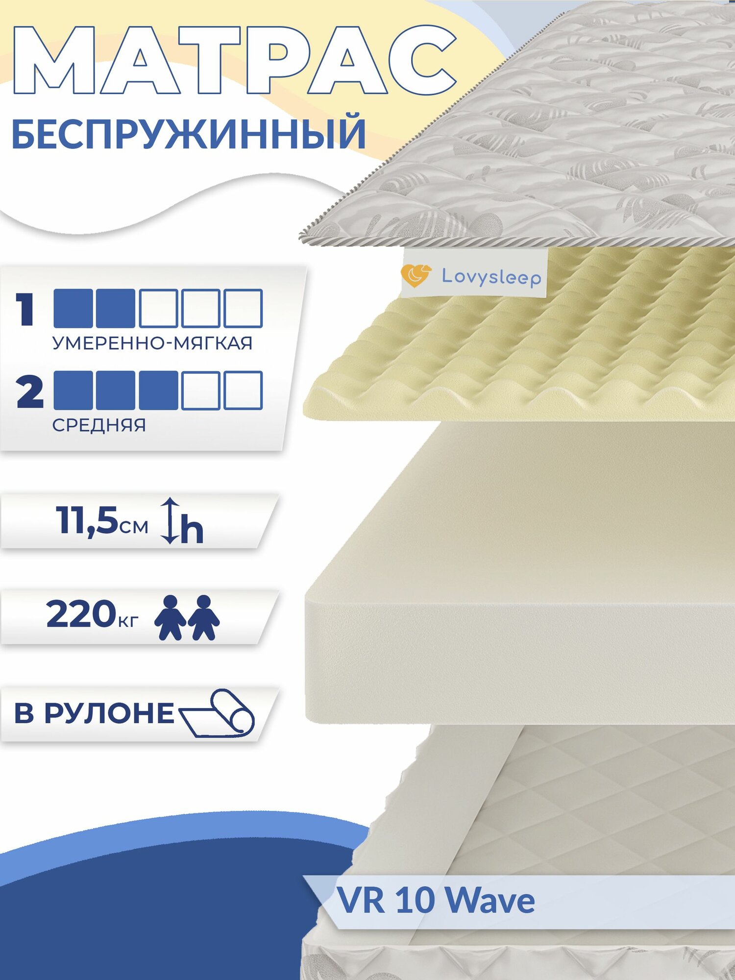 Матрас VR 10 Wave 80х175 см, беспружинный, 11,5 см, односпальный, двусторонний с разной жесткостью, в рулоне