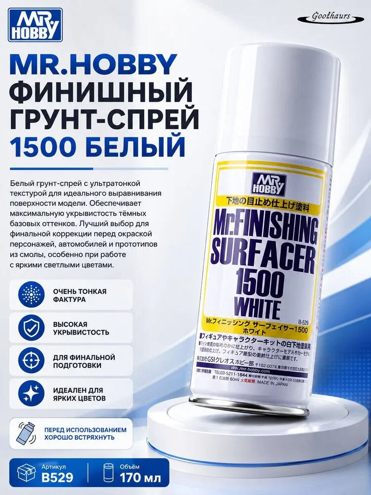 MR.HOBBY Mr.Finishing Surfacer 1500 White B529, финишный грунт-спрей для моделей, 170 мл