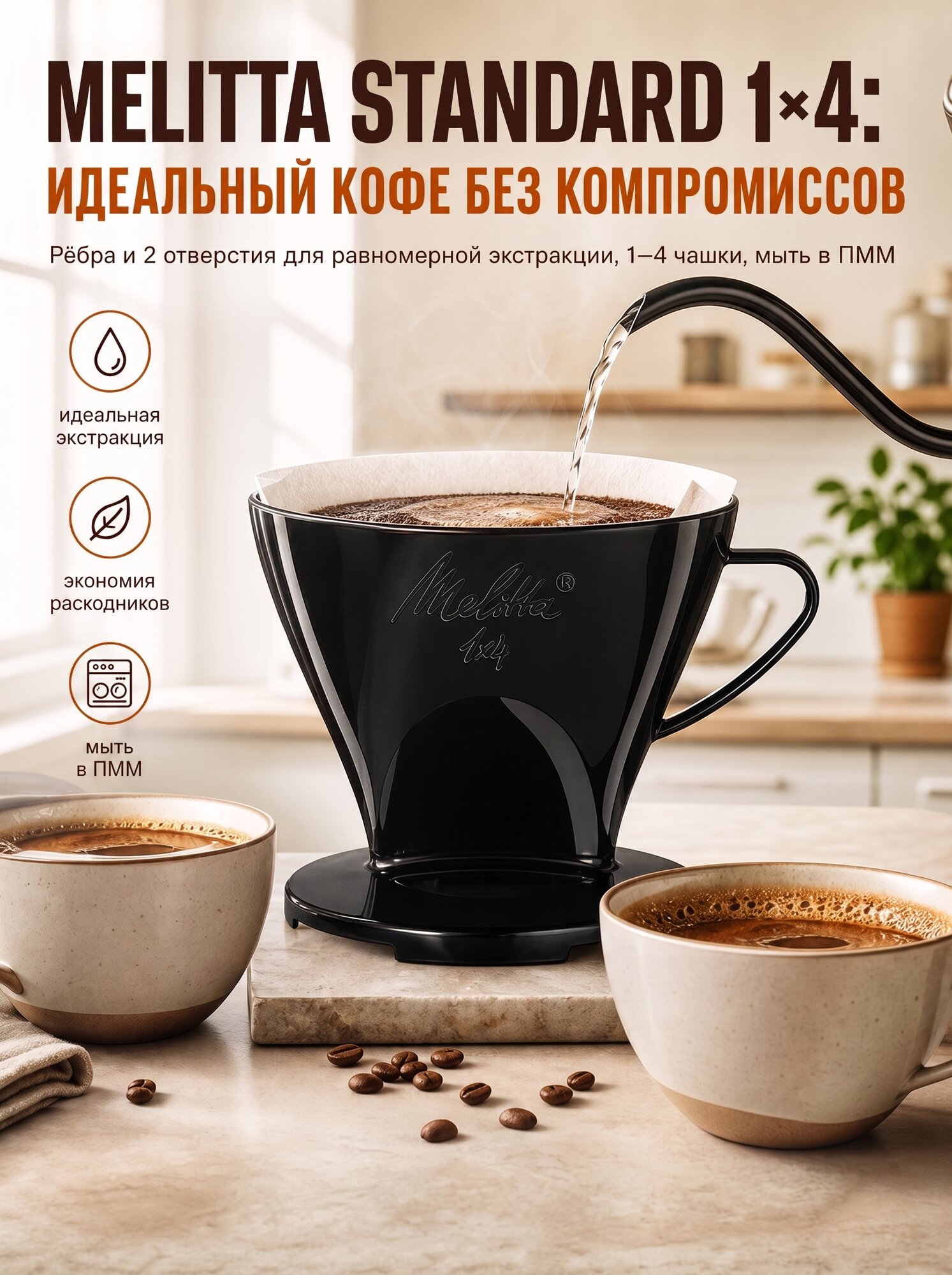 Фильтр-конус Melitta "Standard" 1x Р.4, многоразовый, чёрный, для двух чашек одновременно