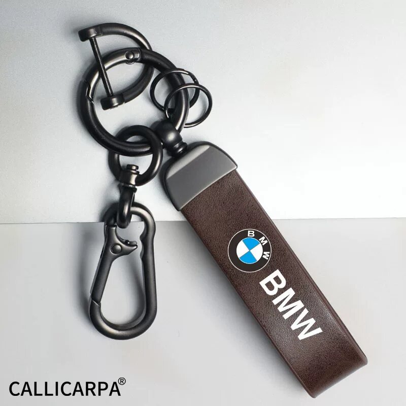 Кожаный брелок BMW из полнокожаной кожи с серебряным коньком, цвет мокко коричневый, матовая поверхность с кольцом