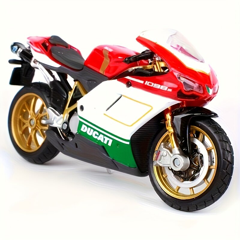 Модель мотоцикла Ducati 1098S 1:18 из металла, цвет красный/белый, с детализированными колесами и тормозами, декалями "Ducati