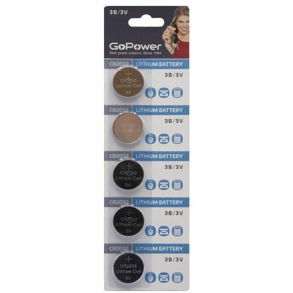 Дисковая батарейка GoPower CR2032 Lithium Battery 3V BL5