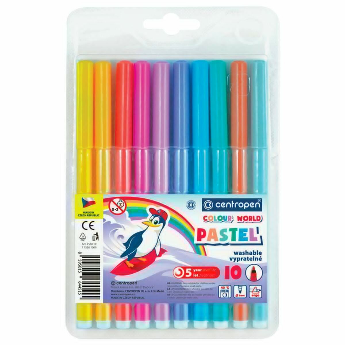 Набор фломастеров 10 цветов Centropen "Цветной мир" Pastel (линия 2мм, трехгранные, смываемые) блистер (7 7550 1087), 3 уп.