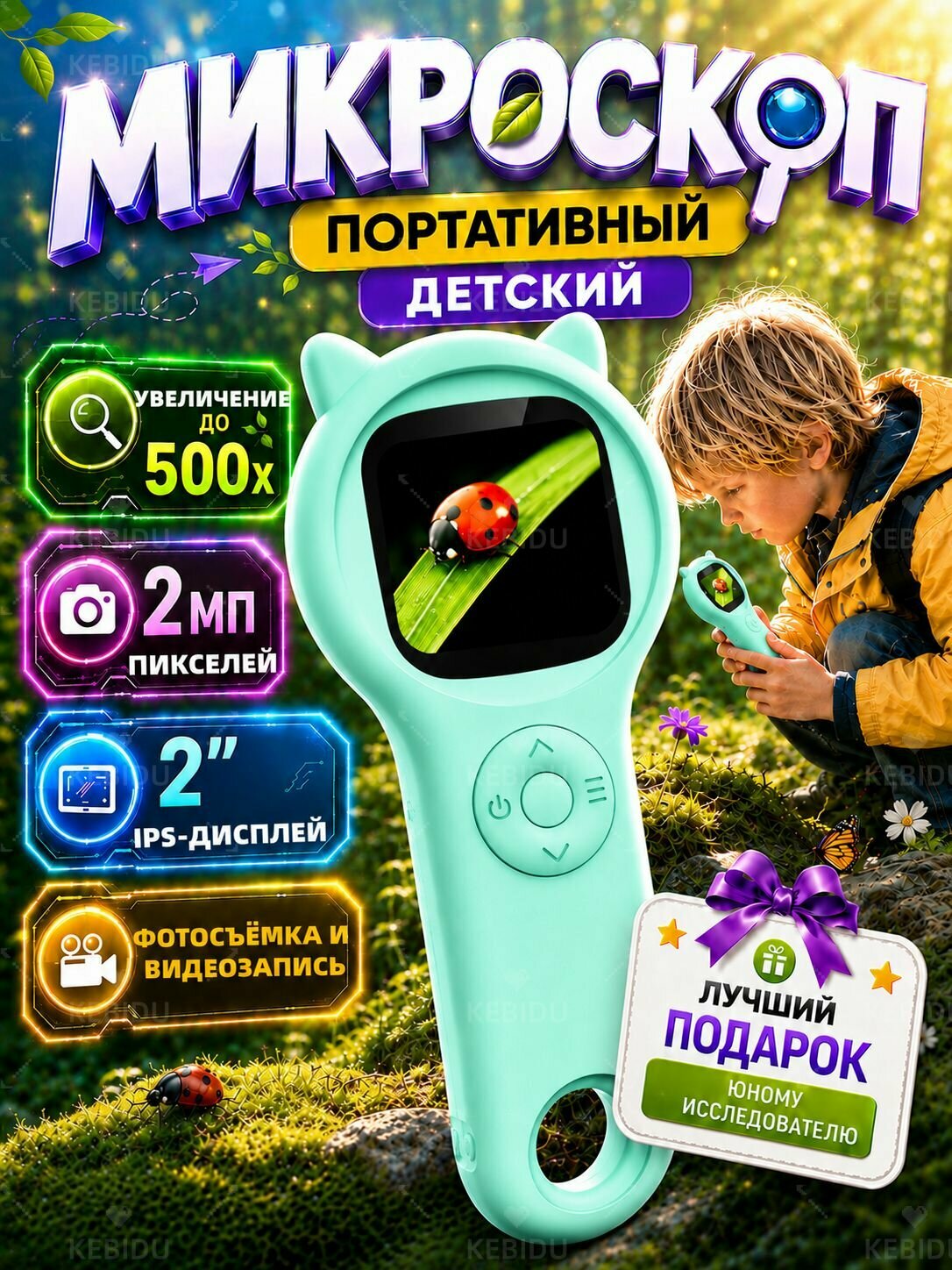 Подарочный детский микроскоп лупа, карманный, с увеличением, цифровой, с подсветкой, 500 кратным зумом для школьных опытов лупа с подсветкой цифровая лупа карманный микроскоп 500x увеличение