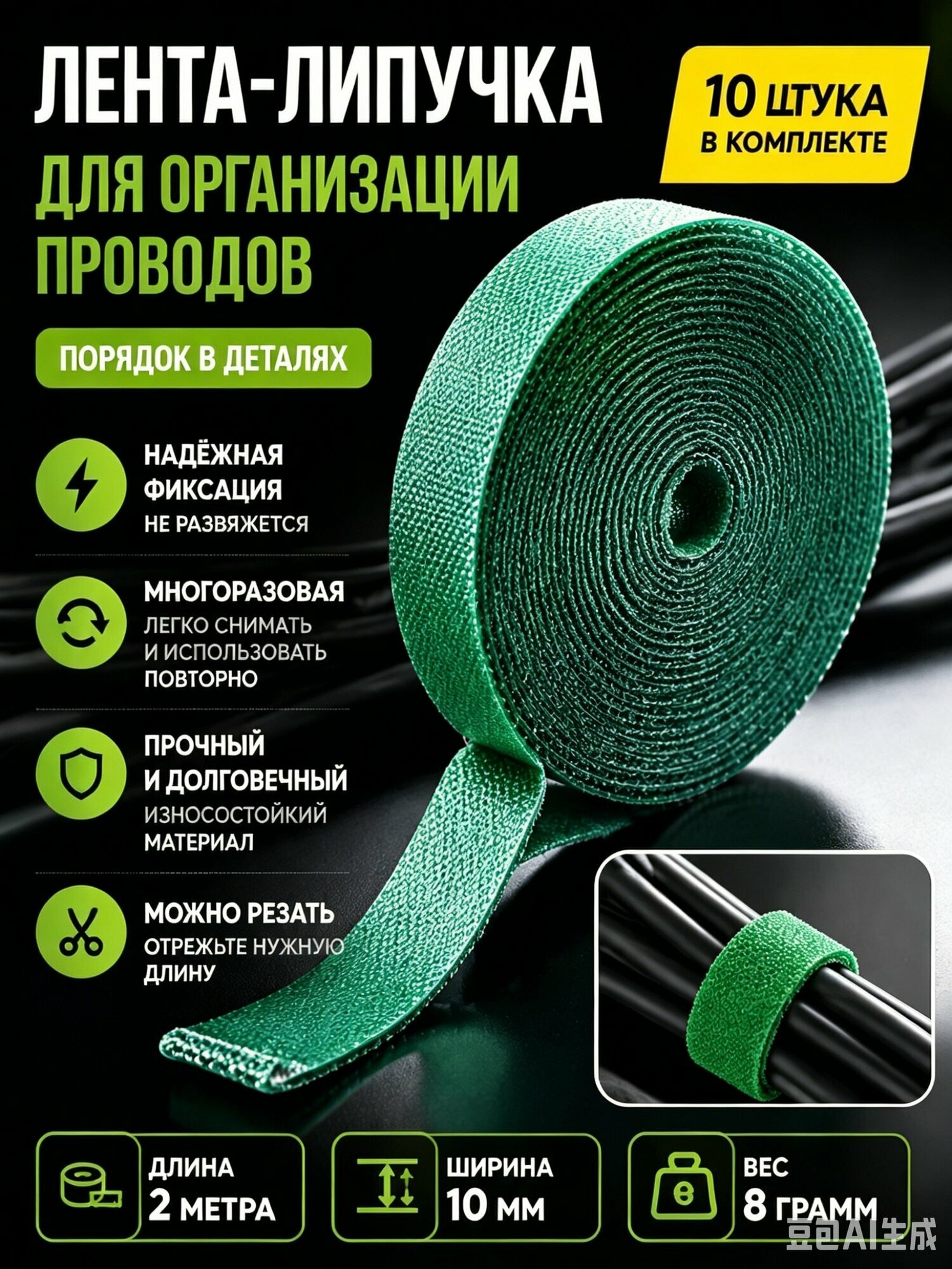 Стяжка 10мм x 200мм до 8мм, 10 шт. 10x200 мм