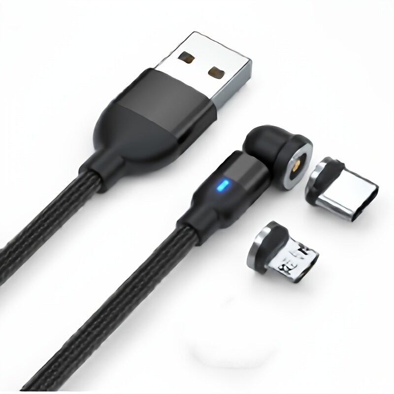 Прочный гибкий плетеный нейлоновый USB-кабель для зарядки и передачи данных, с магнитным поворотным разъемом 360°+180° и разъемами Type-C и Micro USB, черный, 1 м