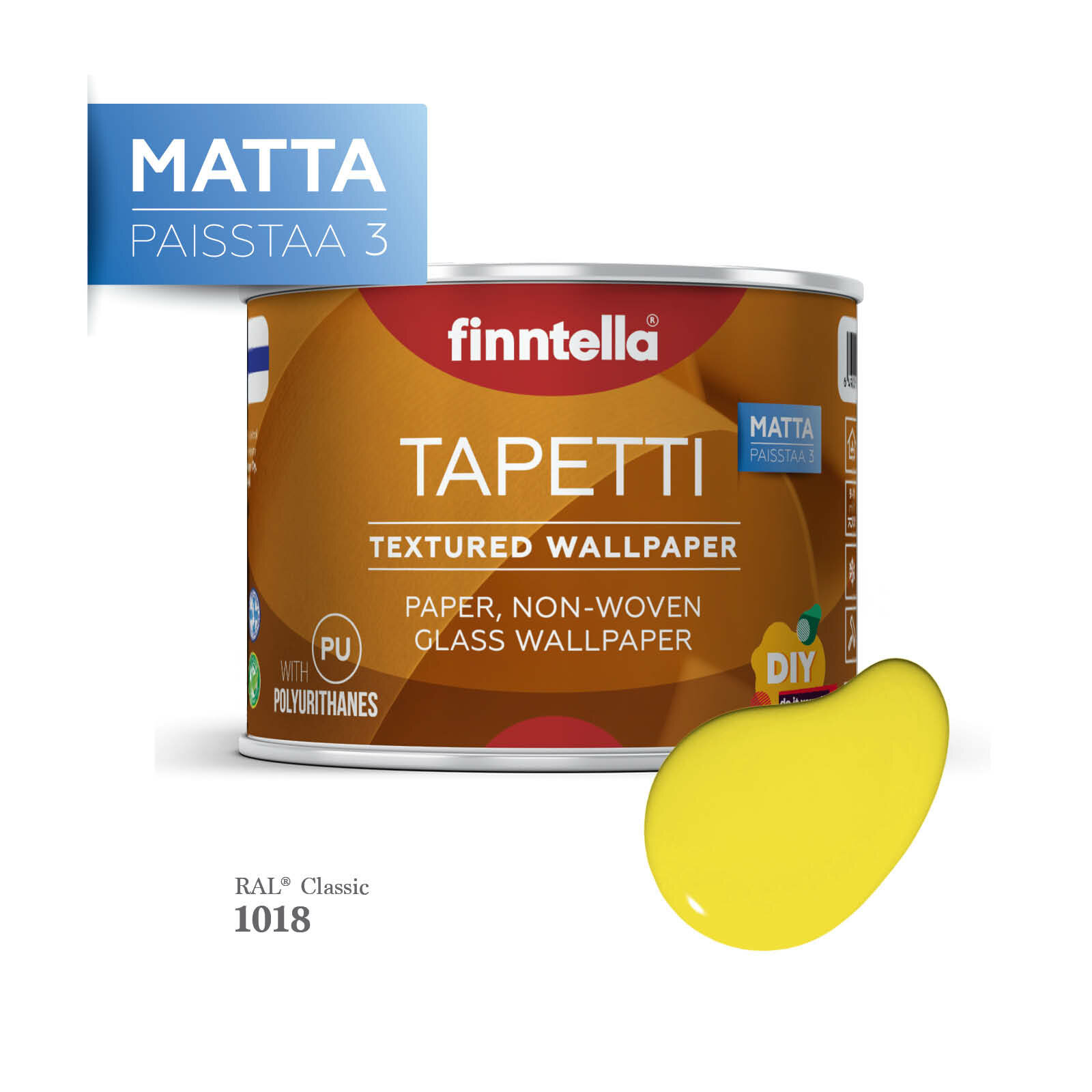 Матовая краска для обоев под окраску TAPETTI Matta FINNTELLA, Цвет RAL 1018 Цинково-желтый (Zinc yellow), 0,45л