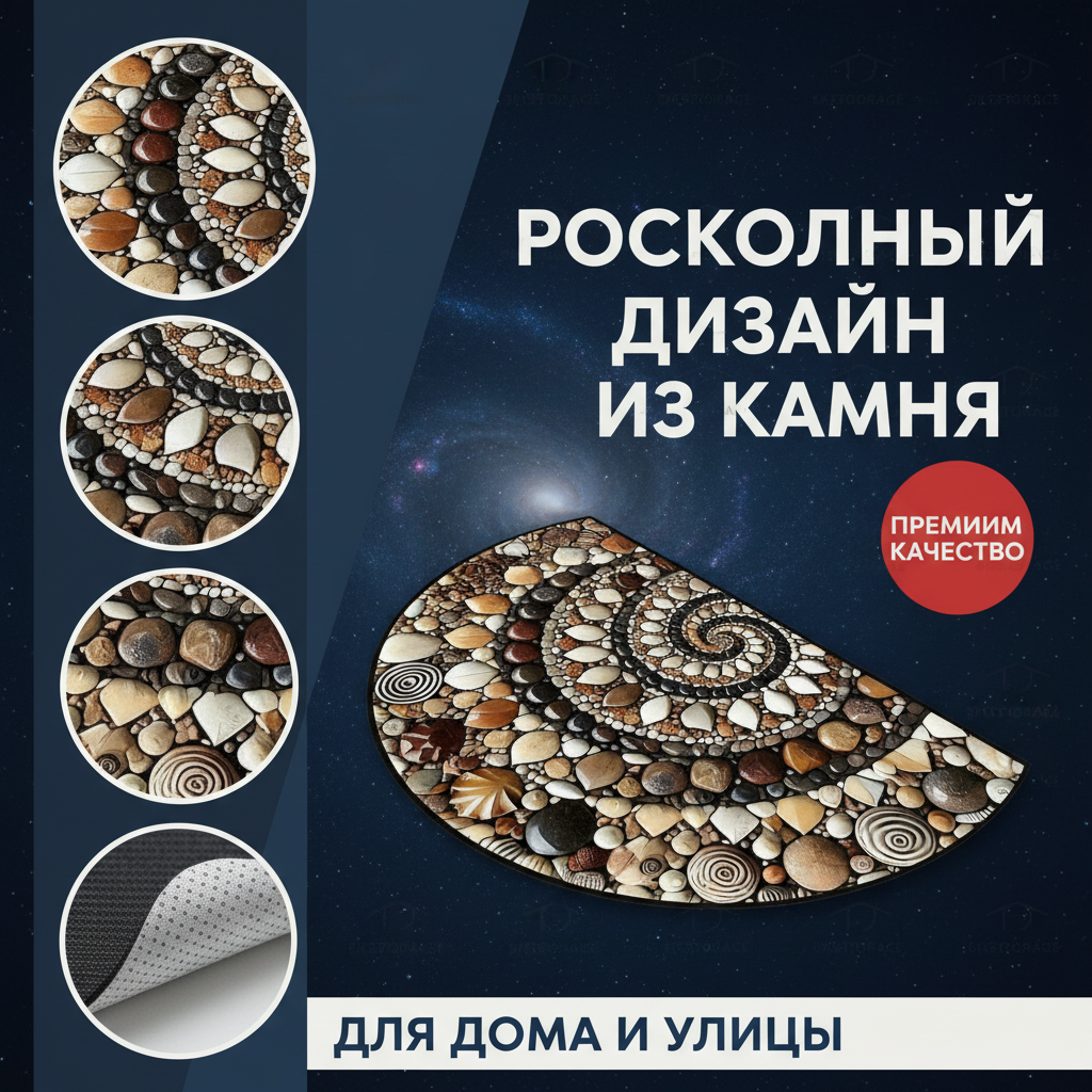 Полукруглый коврик в прихожую 50x80 см нескользящий каменный декор полиэстер ПВХ