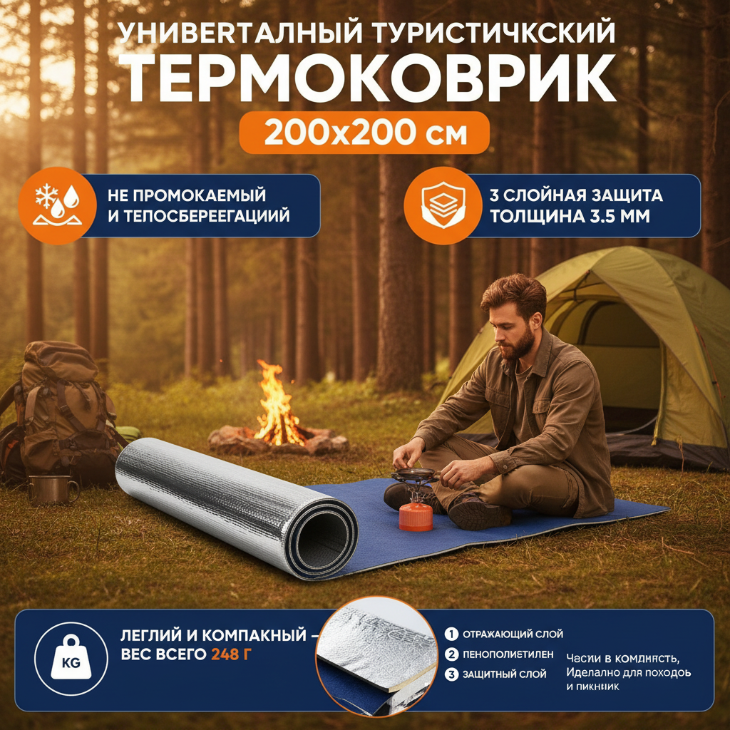 Туристический коврик, двухсторонний фольгированный-термоковрик водонепроницаемый 200х200 см, для палатки/кемпинга и пикника на природе.