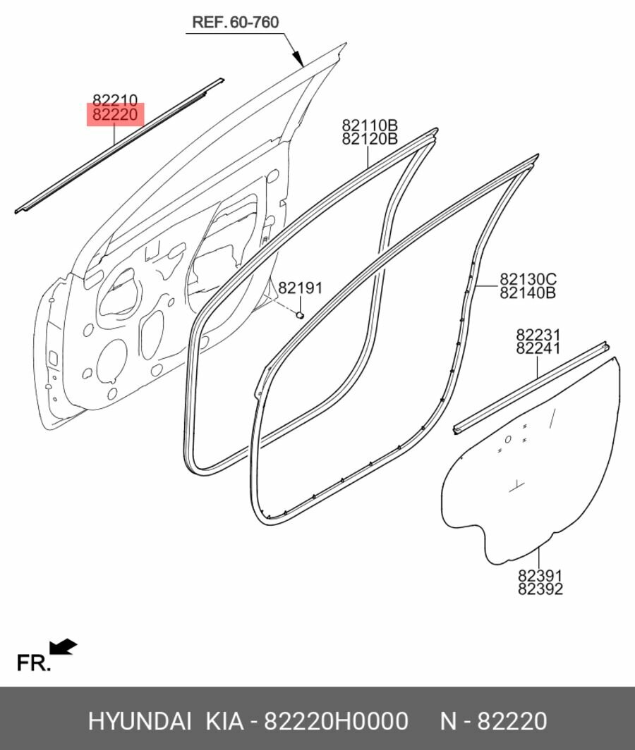 Уплотнитель стекла двери org (Hyundai/Kia 82220H0000)