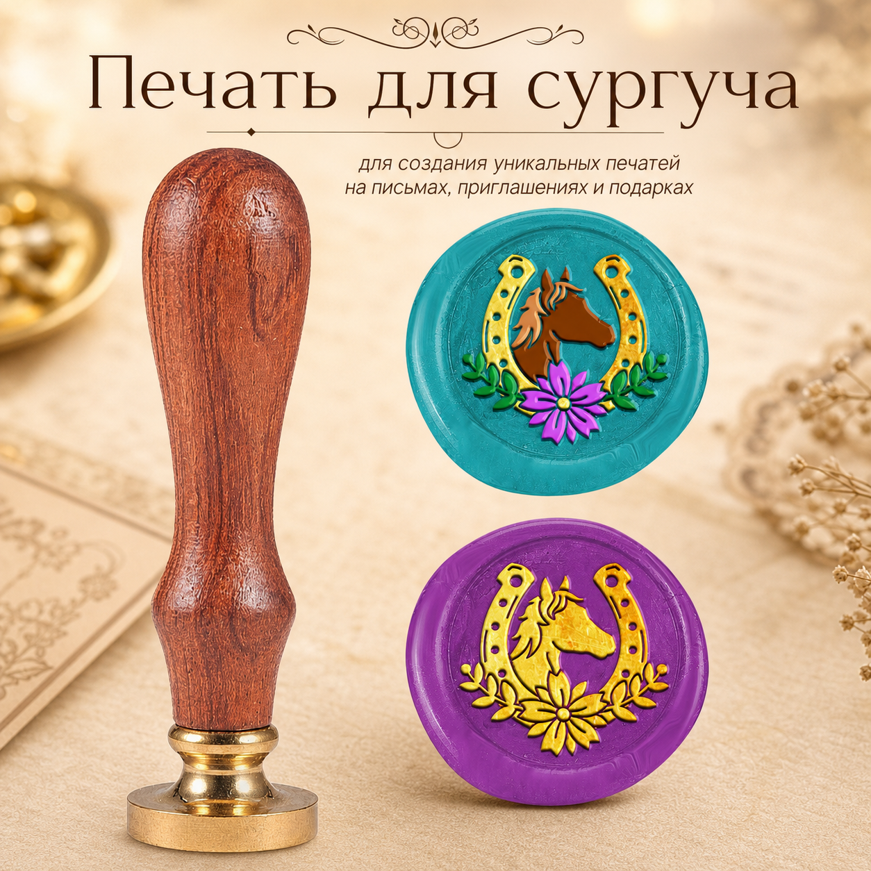 Набор из 1 сургучной печати, сургучная печать с твердой латунной головкой и деревянными ручками для конвертов, приглашений, подарочных карт, лошадь, 83 x 22 мм