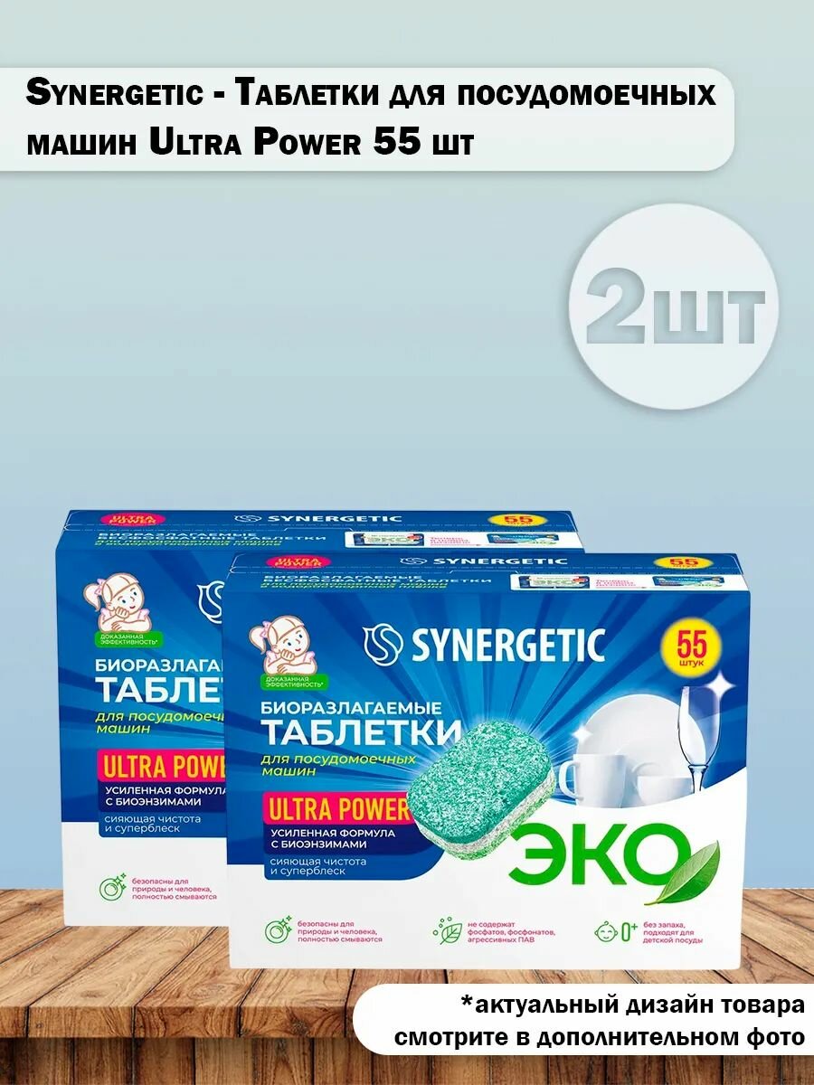 Набор 2 шт Synergetic Биоразлагаемые таблетки для посудомоечных машин Ultra Power 55 шт