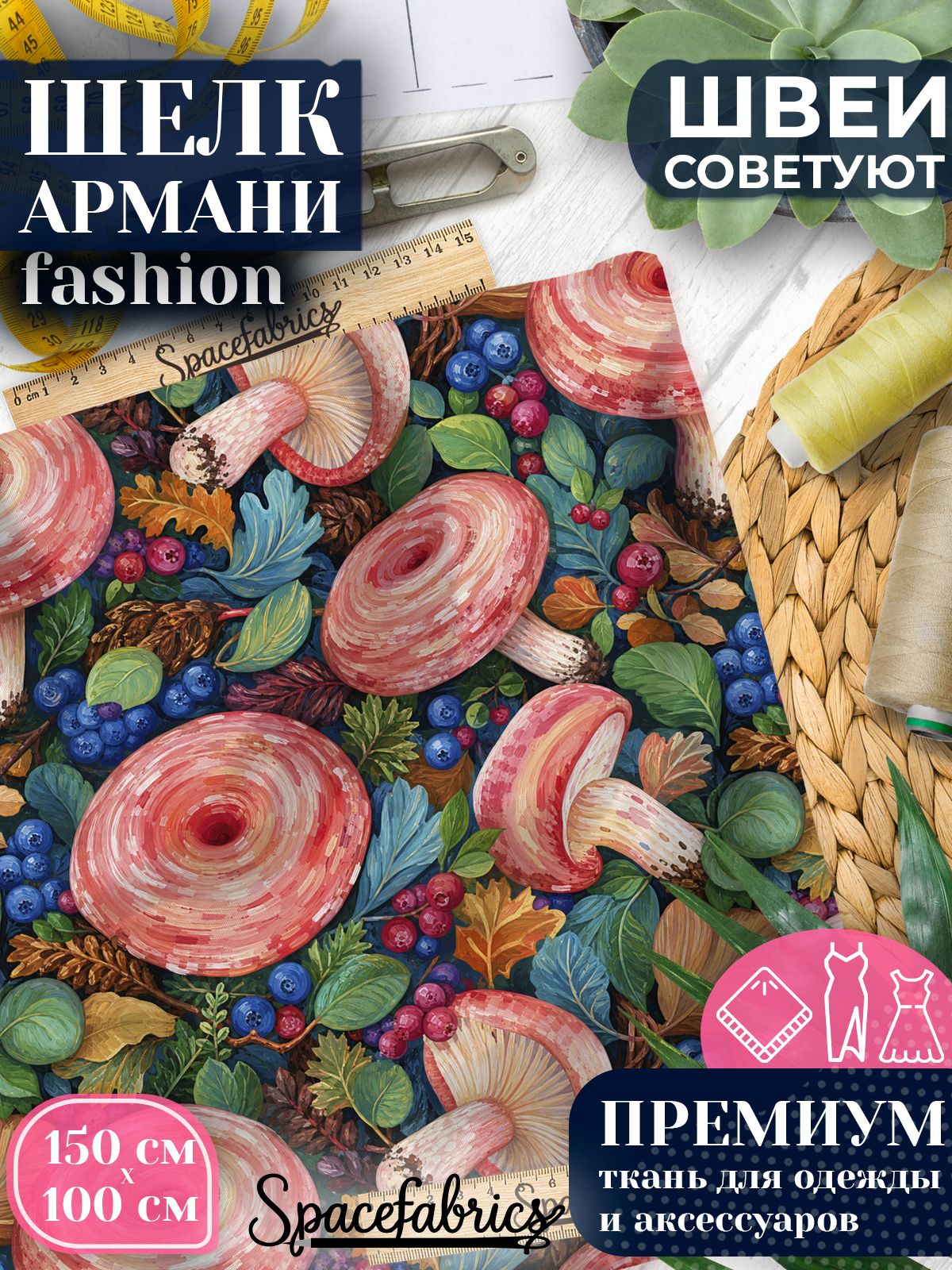 Ткань для шитья шелк Армани, искусственный атлас шелк для костюмов, платьев, юбок с принтом Лесные грибы