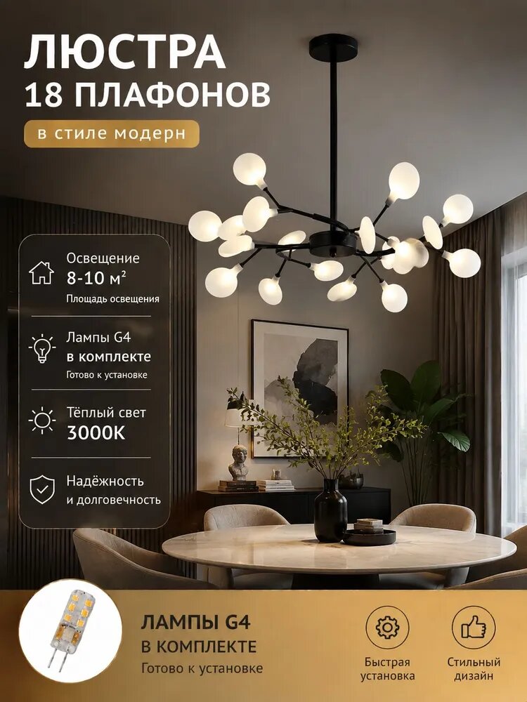 Люстра с цоколем G4 для гостиной, спальни и кухни, потолочная, цвет черный белый матовый, мощность 4