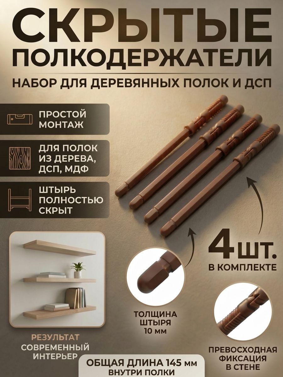 Полкодержатель скрытый для полки толщиной от 16 мм, 145мм 4 штуки