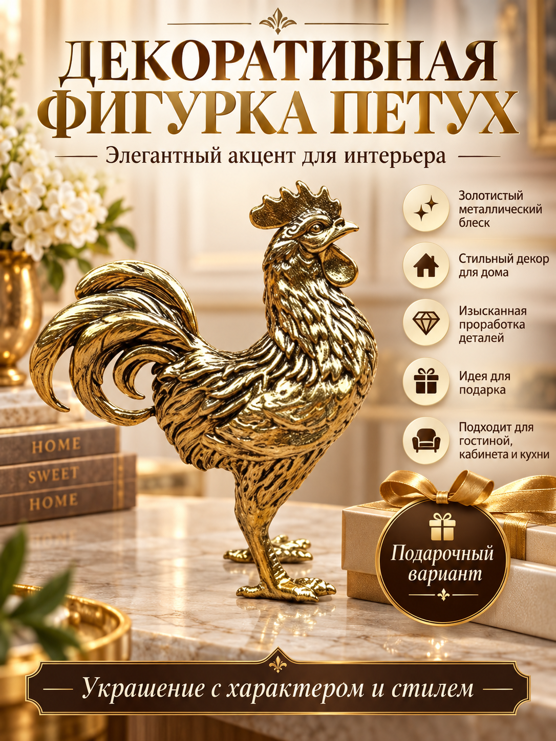 Статуя петуха, латунь, бронза, декоративная фигурка для дома, офиса и классического интерьера