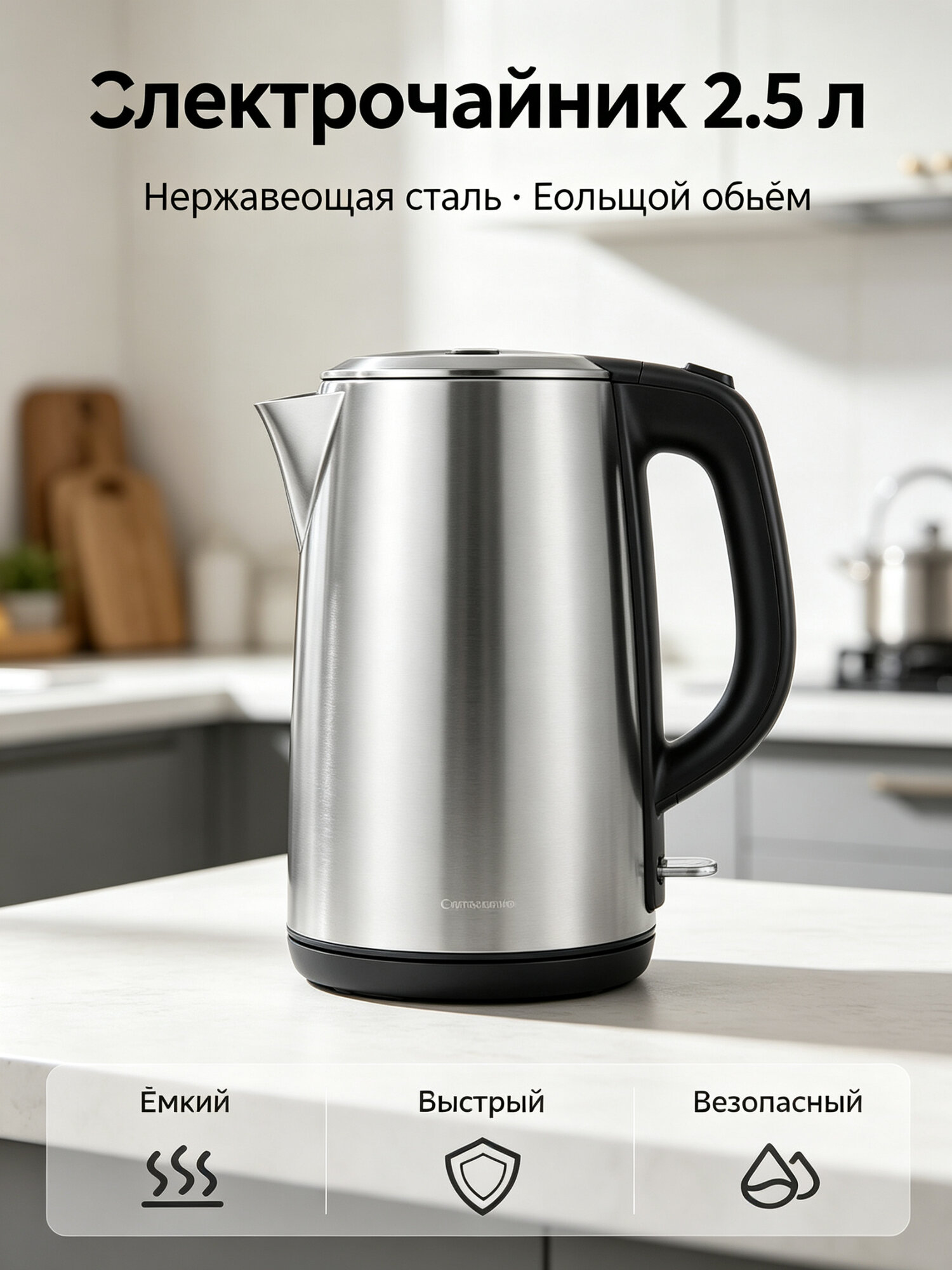 Электрочайник 2.5 л нержавеющая сталь 304 1500 Вт быстрый нагрев для дома и офиса