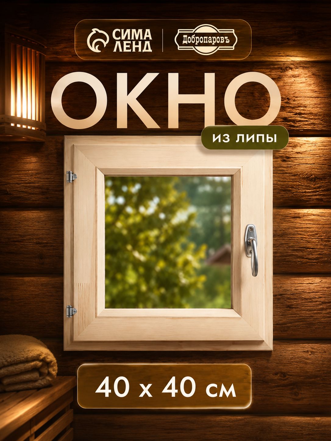Окно для бани 40x40 см, двойное стекло, липа