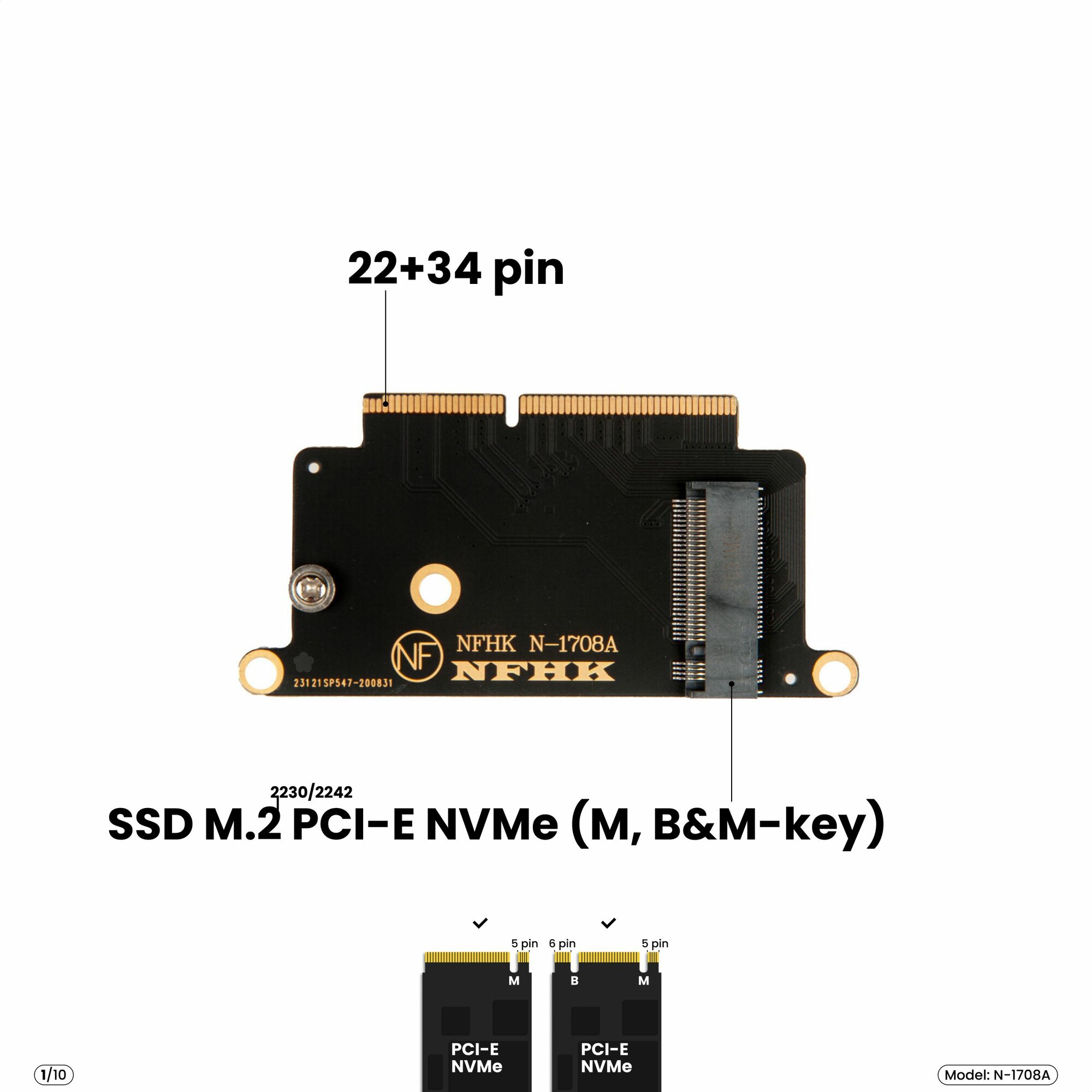 Адаптер-переходник для установки SSD M.2 2230/2242 PCI-E NVMe (M, B&M-key) в разъем 22+34 pin MacBook Pro 13" A1708, 2016-2017, N-1708A