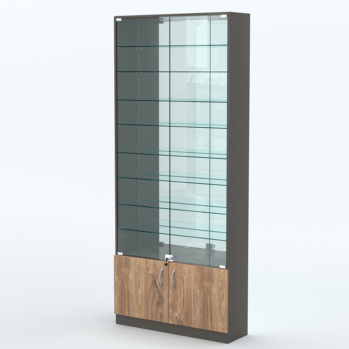 Торговая витрина с 8-ю полками 250x900 мм серии NEXT-8 №11-2 (З/C - зеркало), Черный + Дуб Канзас Коричневый