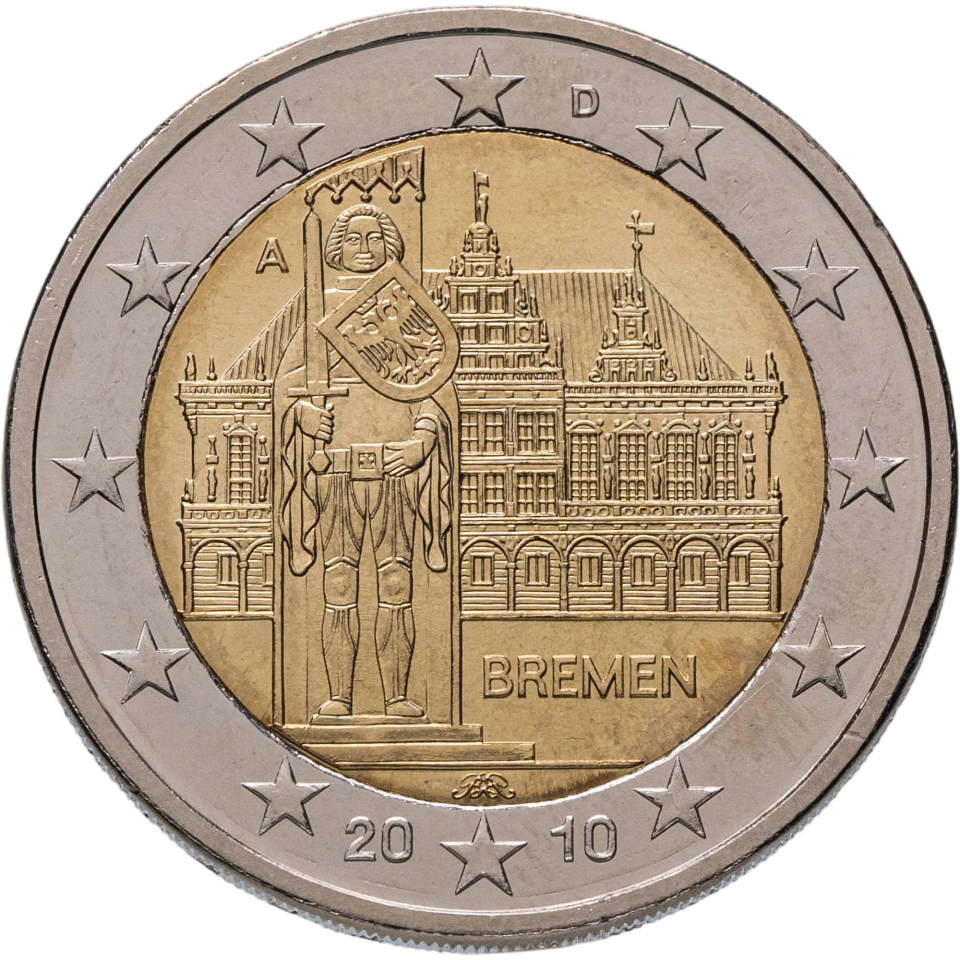Германия 2 евро 2010 D "Федеральные земли Германии: Бремен", Биметалл, в сохранности UNC