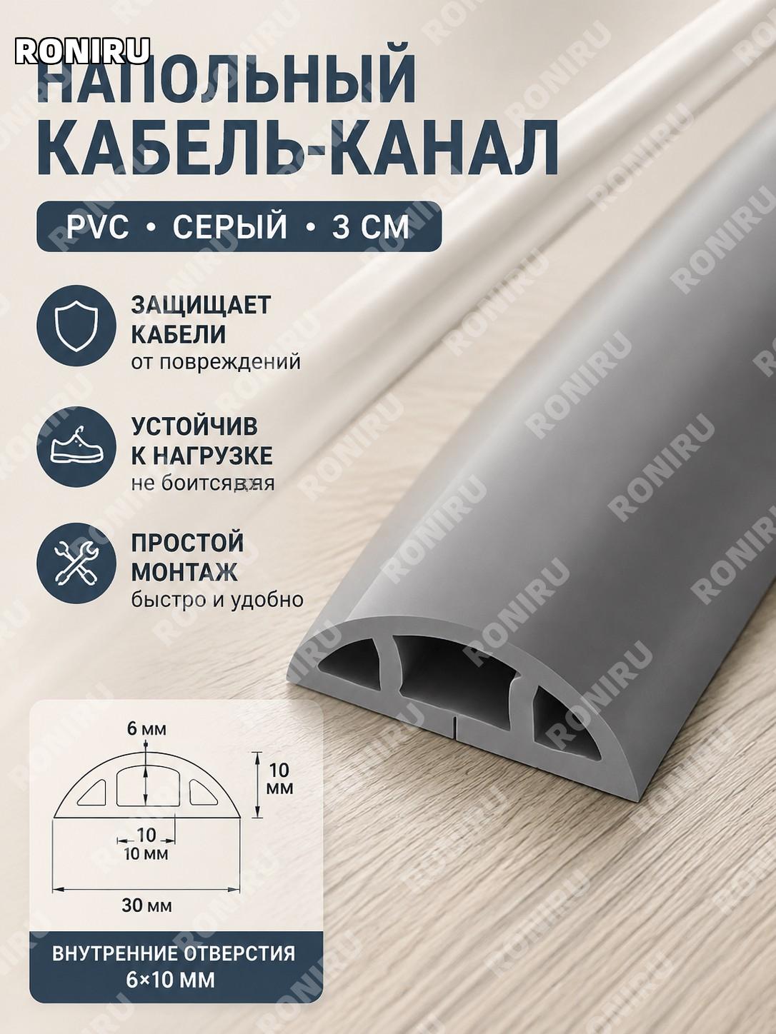 Кабель-канал напольный серый 3 см, 30 м/рулон, мягкая накладка для скрытия проводов и сетевых кабелей для дома