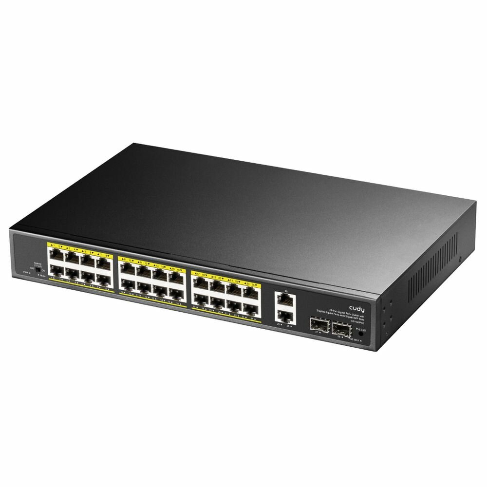 Коммутатор/ 24-10/100/1000 BASE-T Gigabit ports, 2-Port 10/100/1000 BASE-T Gigabit Uplink ports, 2-1000 BASE-X SFP Slot, 24-port IEEE 802.3at PoE+ Injector, 300 watts total Power budget, Supports PoE power up to 30W for each PoE port, Extend Mode