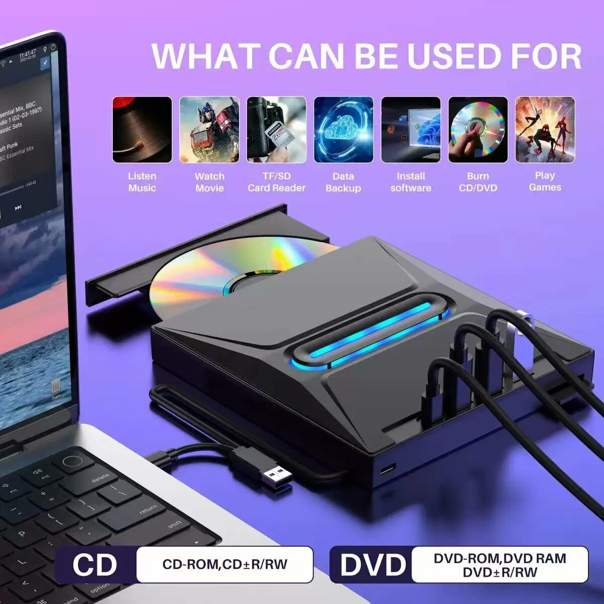 Внешний дисковод / Дисковод для ноут-бука внешний для чтения и записи CD / DVD с USB 2.0, 3.0, Type-C, 7в