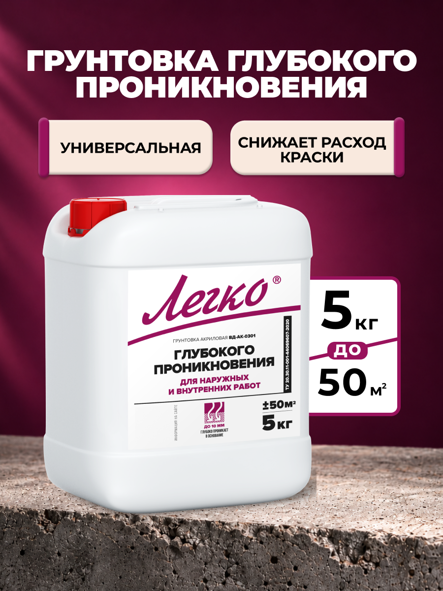 Грунтовка для стен под обои глубокого проникновения Легко, под покраску, керамическую плитку, акриловая, 5 кг
