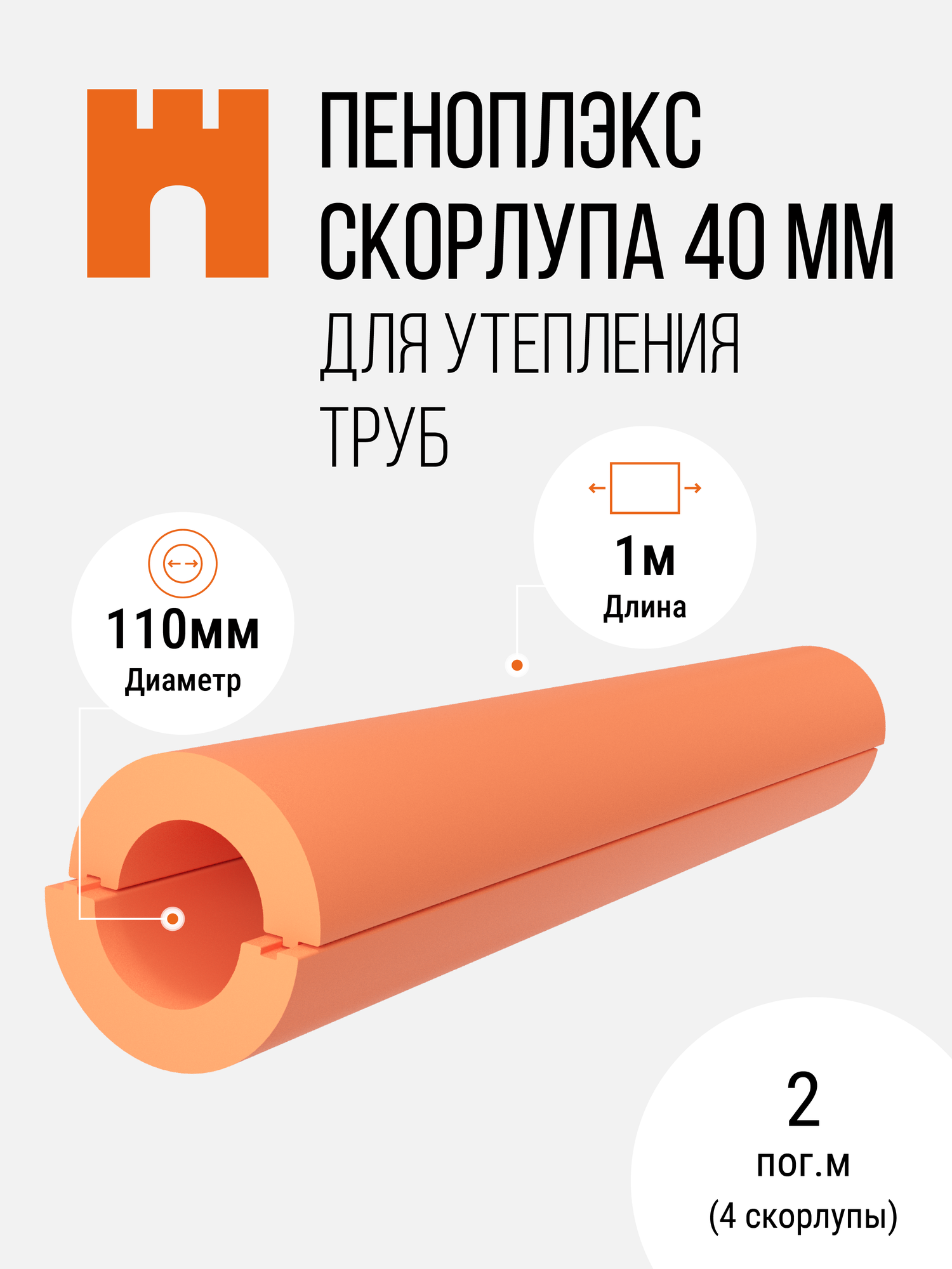 Утеплитель пеноплэкс для труб диаметром 110мм, скорлупа XPS 40мм, 2 пог. м, 4 скорлупы