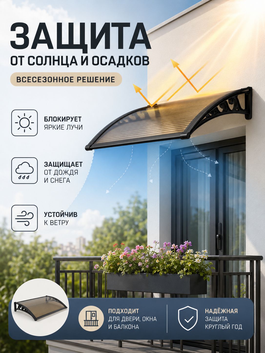Навес арочный металлический на крыльцо черный комплект с монтажом, Защита от солнца и дождя, Ультрафиолетовая защита