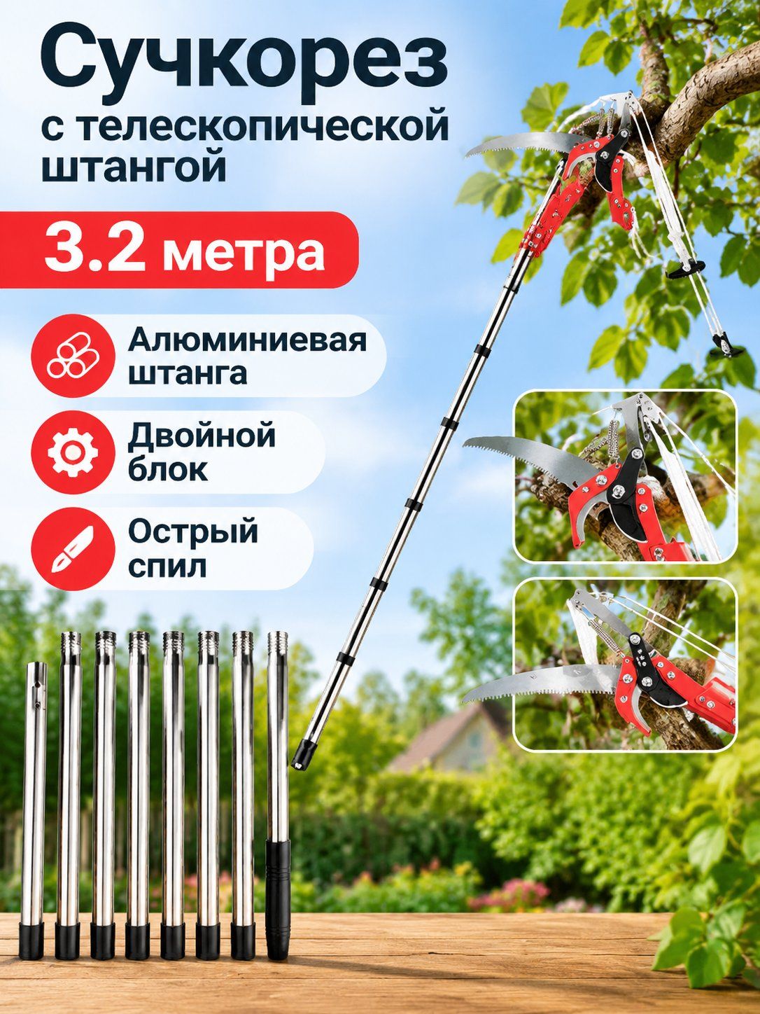 Высоторез с телескопической ручкой 3,2 м: лезвие, двухшкивная система, алюминиевая трубка